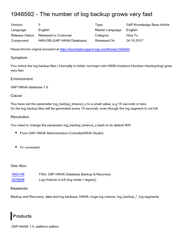 SAP Note 1946592 - The Number of Log Backup Grows Very Fast | PDF