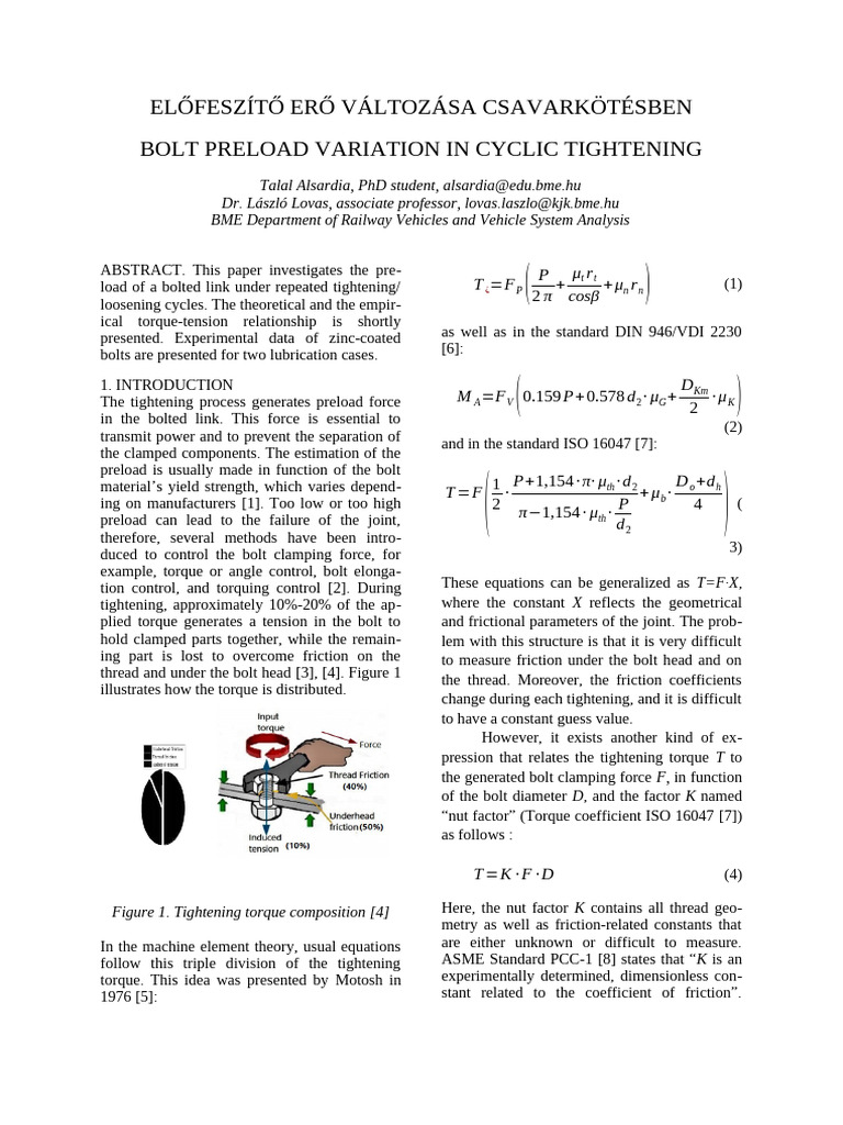 Bolt Preload Variation in Cyclic Tightening | PDF | Screw | Nut (Hardware)