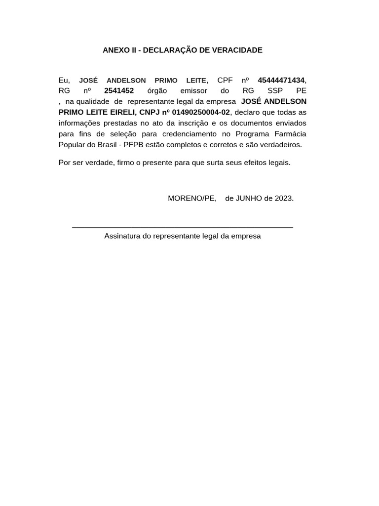 ANEXO II - Declaração de Veracidade | PDF ANEXO II - Declaração de Veracidade | PDF