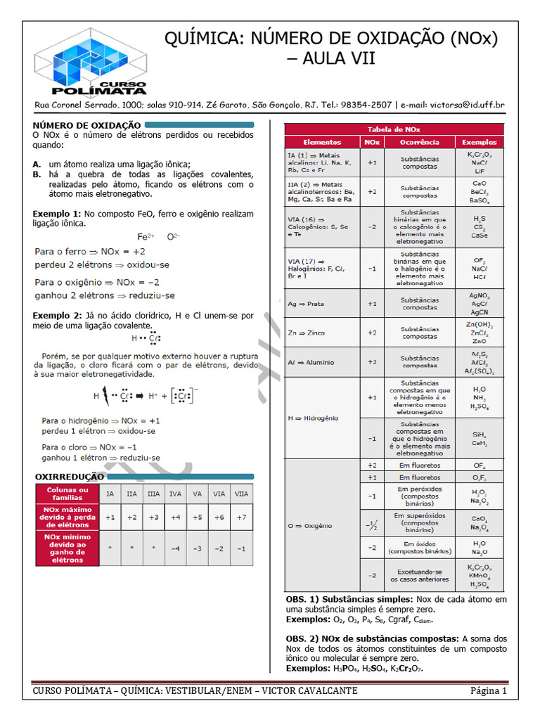 Quã - Mica - Aula 7 - Nox | PDF | Ligação química | Reações químicas