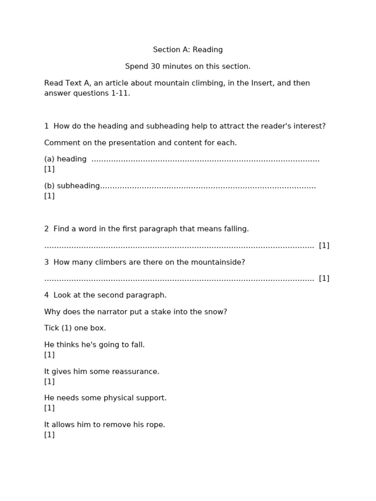 Mountain Climbing Reading Comprehension Test | PDF