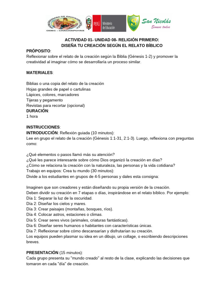Actividad Sobre La Creación Primero Pdf