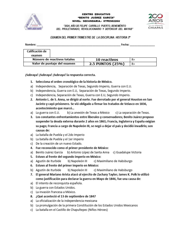 Examen 1T Historia 3° | PDF | México | Guerra mexicano-estadounidense
