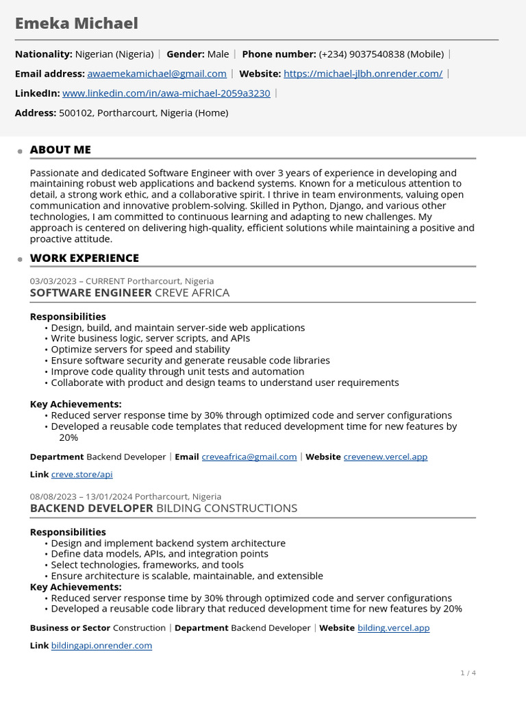 Emeka Michael Software Engineer CV 2024 PDF | PDF | Systems Engineering ...