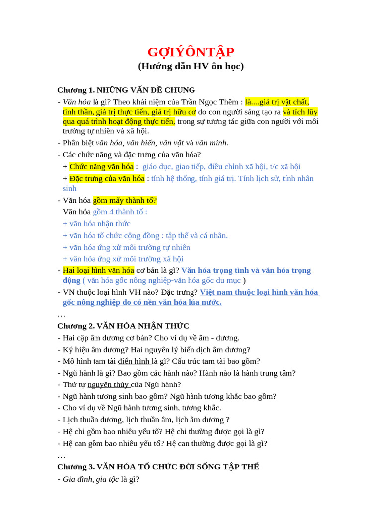 GỢI Ý ÔN TẬP (CSVH VN) | PDF