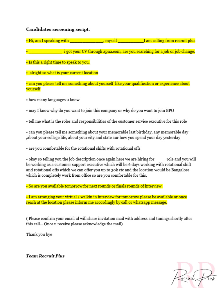 Screening Script - Recruit Plus | PDF