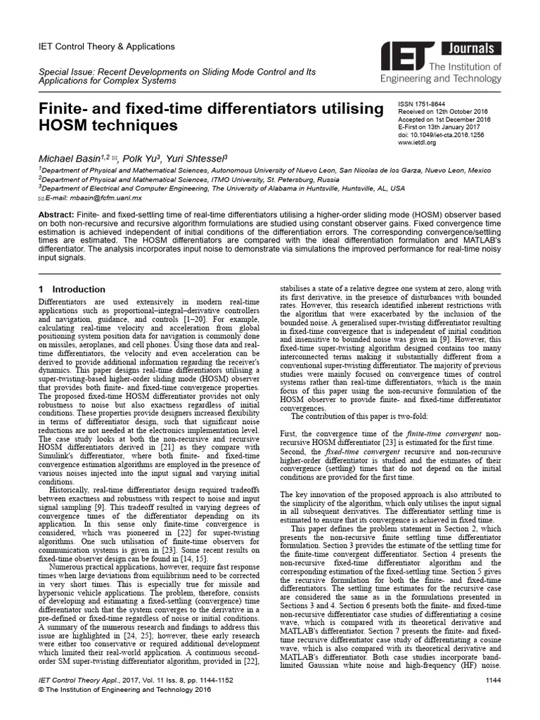 Basin - Finite and Fixed Time Differentiators Utilising HOSM Techniques | PDF | Matrix ...