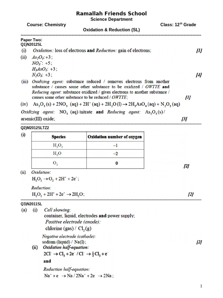 Oxidation and Reduction SL Paper Two - Answers | PDF