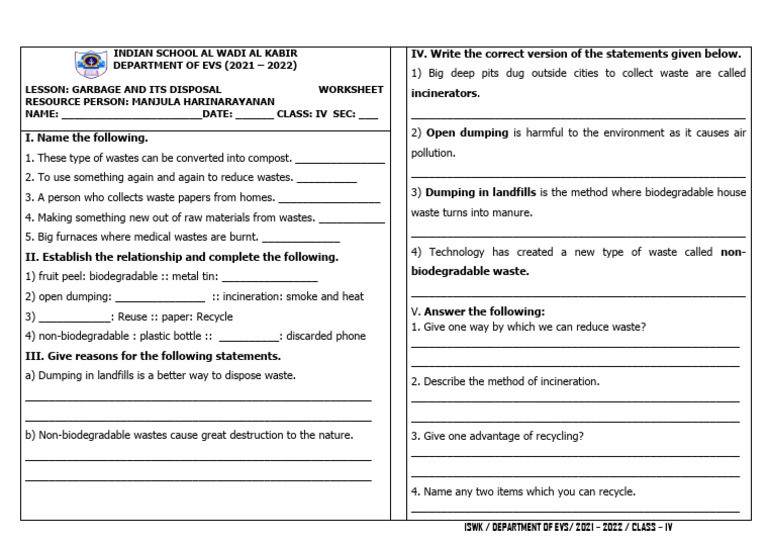 1475011-Garbage and Its Disposal-Worksheet | PDF | Waste | Landfill