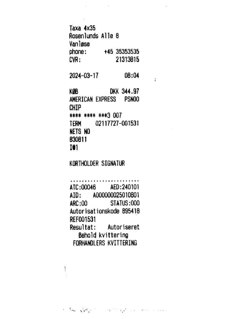 Milne Hall Taxi Receipt Copenhagen | PDF