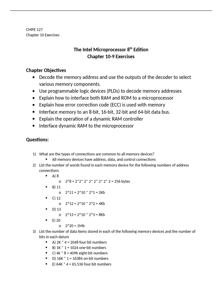 CMPE 127 Chapter 10 Exercises | PDF | Dynamic Random Access Memory | Computer Memory