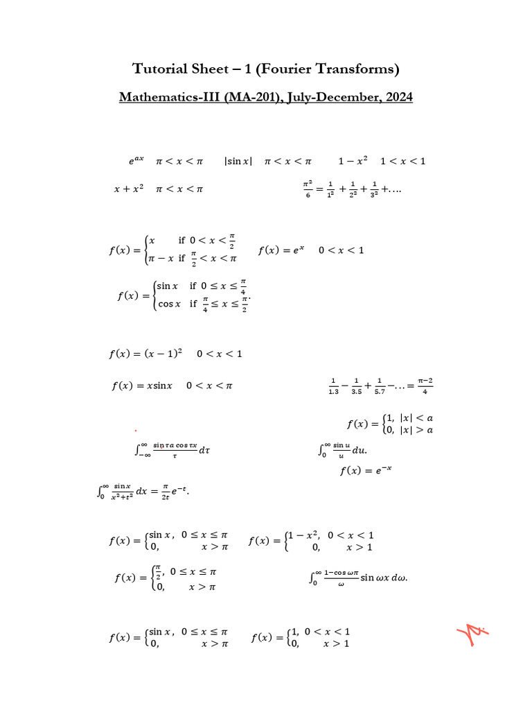 Tutorial Sheet 1 Fourier Transforms | PDF