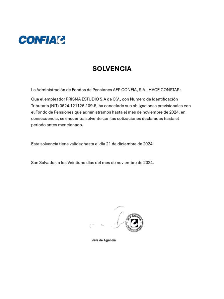 Solvencia AFP Confia - Prisma Estudio S.A. | PDF