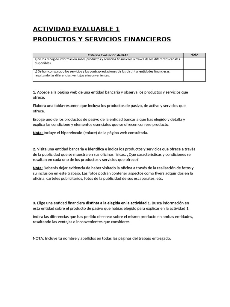 Actividad Evaluable 1. Productos y Servicios Financieros | PDF