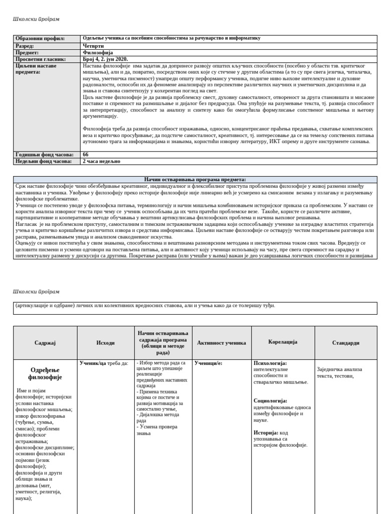 Skolski Program Fil. IV SI | PDF