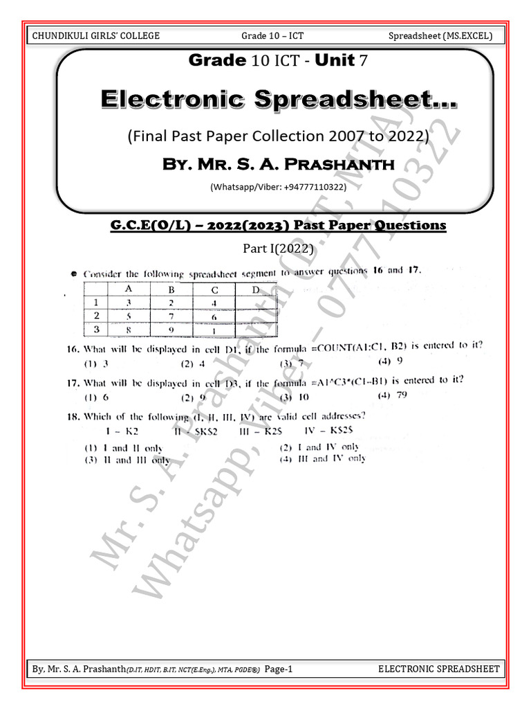 Grade 10 Unit 7 - EXCEL Final Pastpaper Questions (English Medium ...