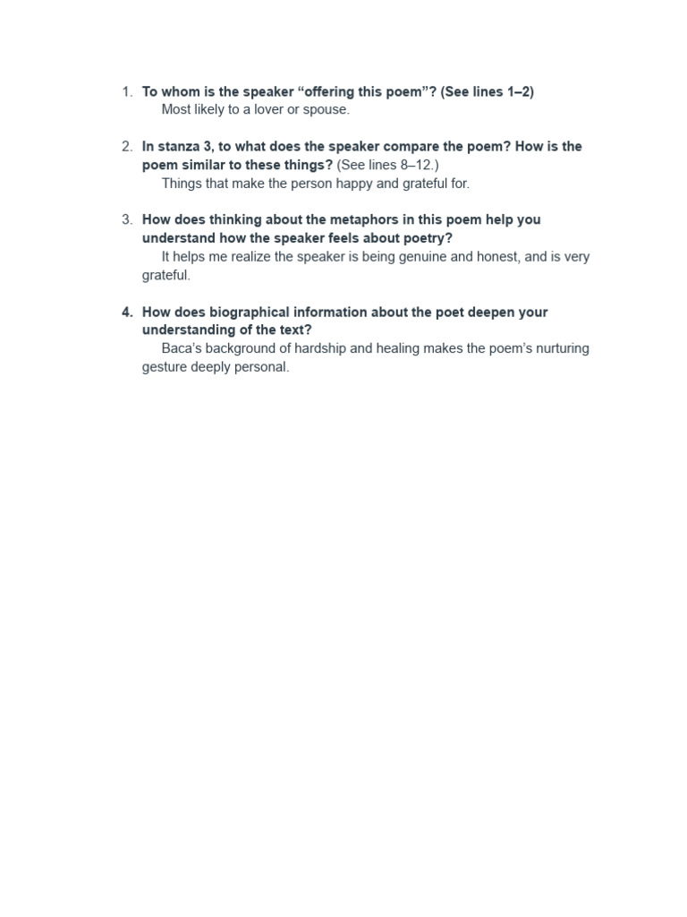 I Am Offering This Poem - Questions | PDF