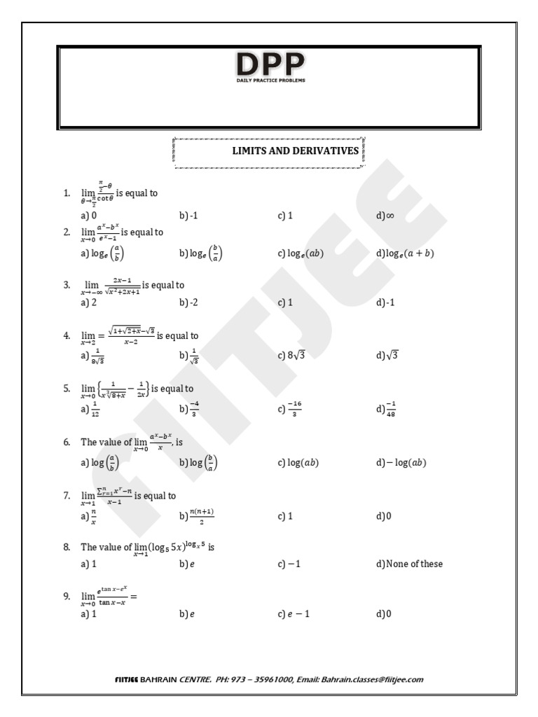 Limits and Derivatives Practice Questions | PDF