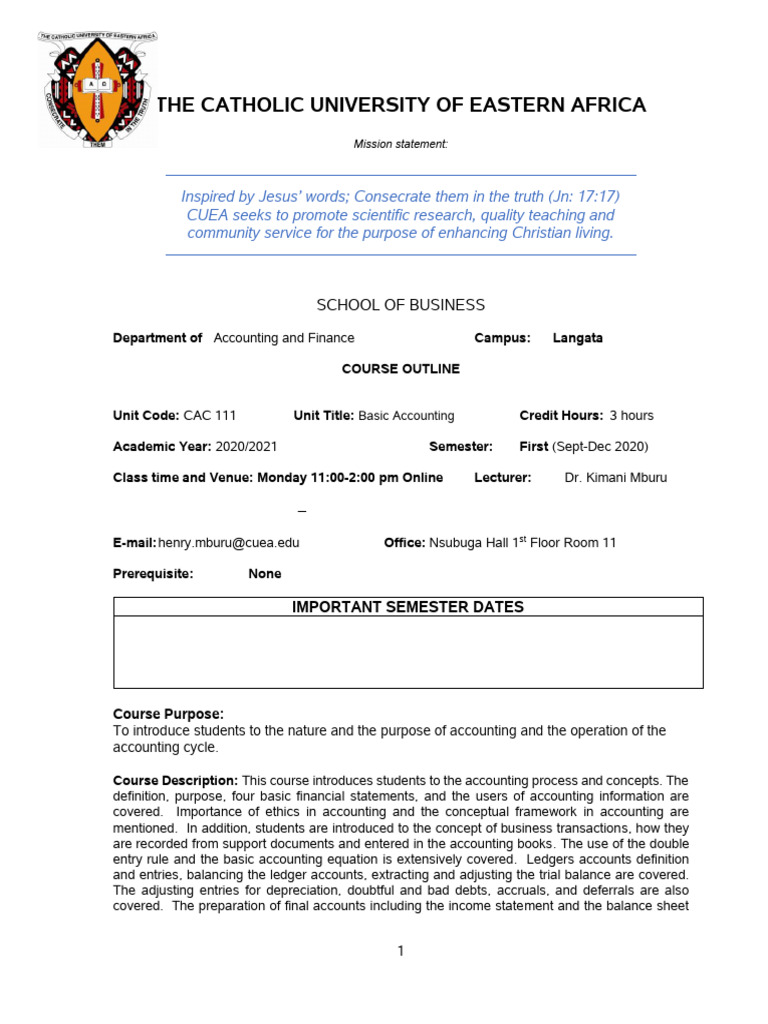 CAC 111 Course Outline - Sept 2020 | PDF | Bookkeeping | Debits And Credits