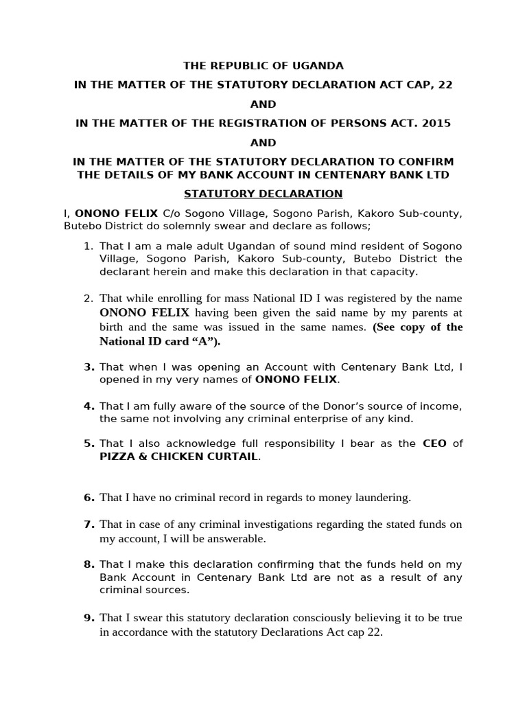 Onono Felix (See Copy of The National ID Card "A") | PDF