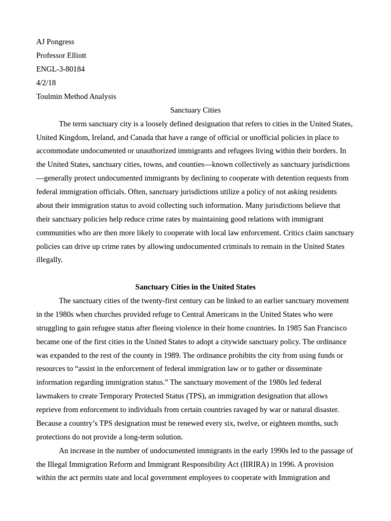 Eng3 Toulmin Method Analysis Pdf Sanctuary City Emigration 4641