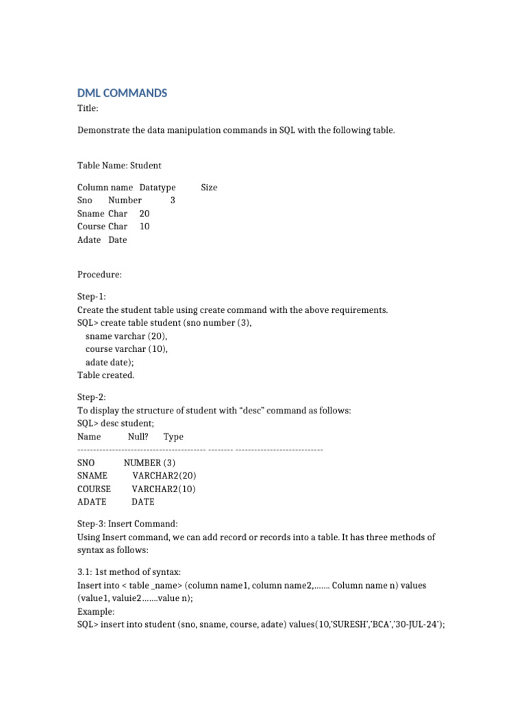 DML Commands Documentation | PDF | Computer Data | Software Engineering DML Commands Documentation | PDF | Computer Data | Software Engineering