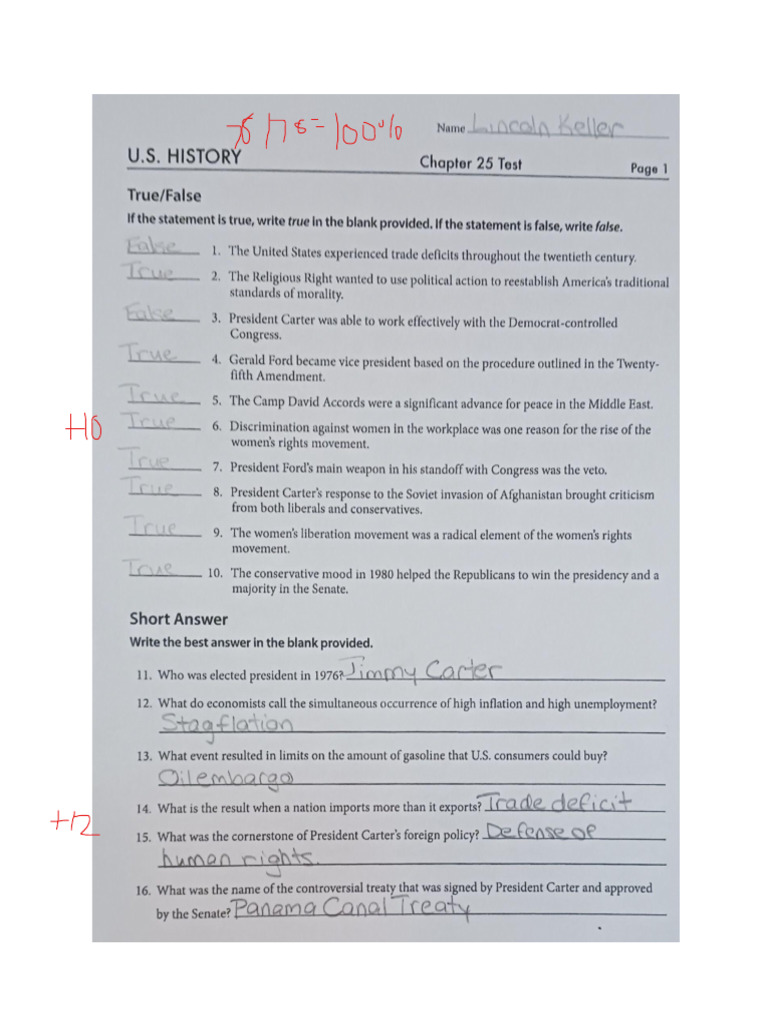 USH Chapter 25 Test-Lincoln Keller | PDF