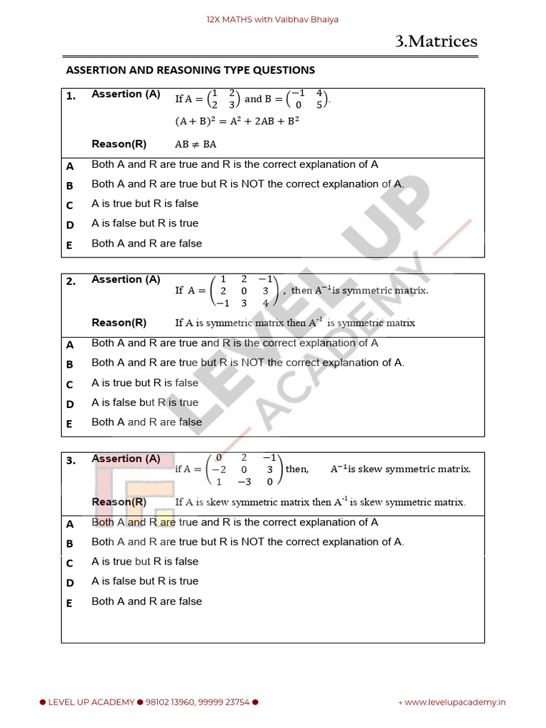 12XM ARMCQ - Matrices CBSE | PDF | Linear Algebra | Mathematical Analysis