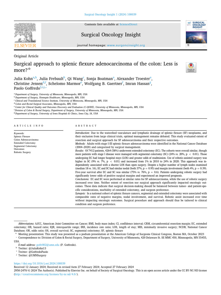 Surgical Approach To Splenic Flexure Adenocarcinoma of The Colon Less ...