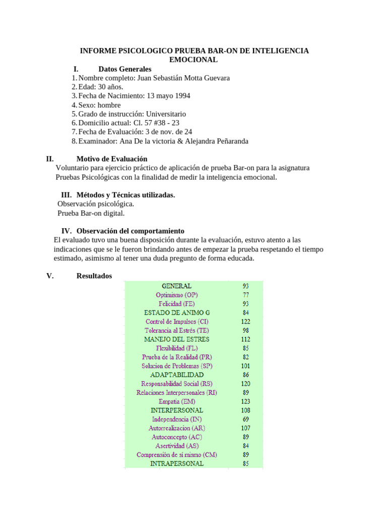 Informe Psicologico Prueba Bar-On de Inteligencia Emocional 1 | PDF | Inteligencia | Las emociones