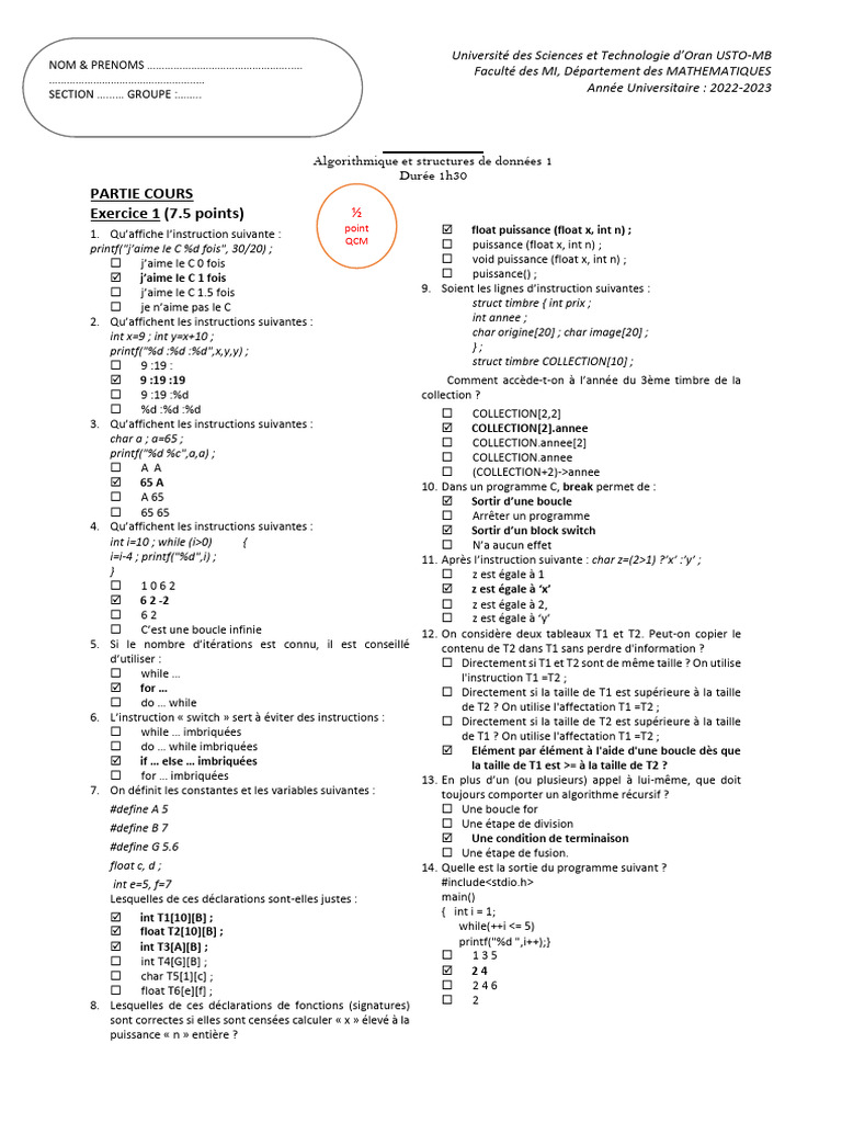 Corrigé EXAMEN ASD1 2022 2023 L1 Math | PDF | Structure de contrôle | Génie logiciel