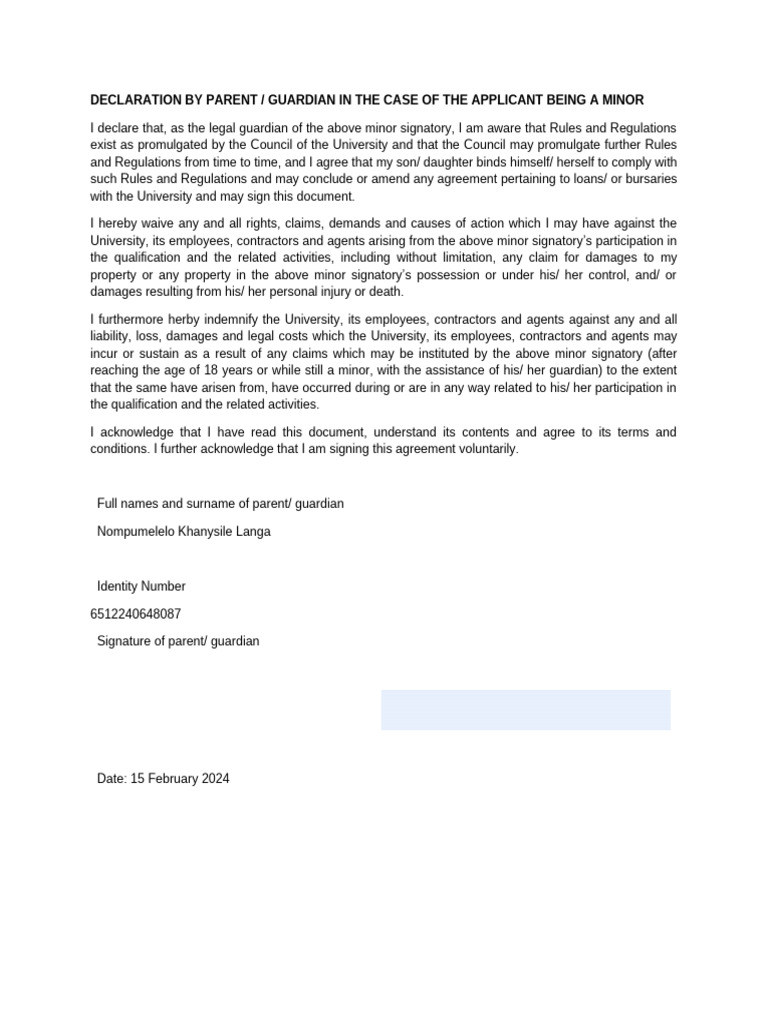 Declaration by Parent Form | PDF