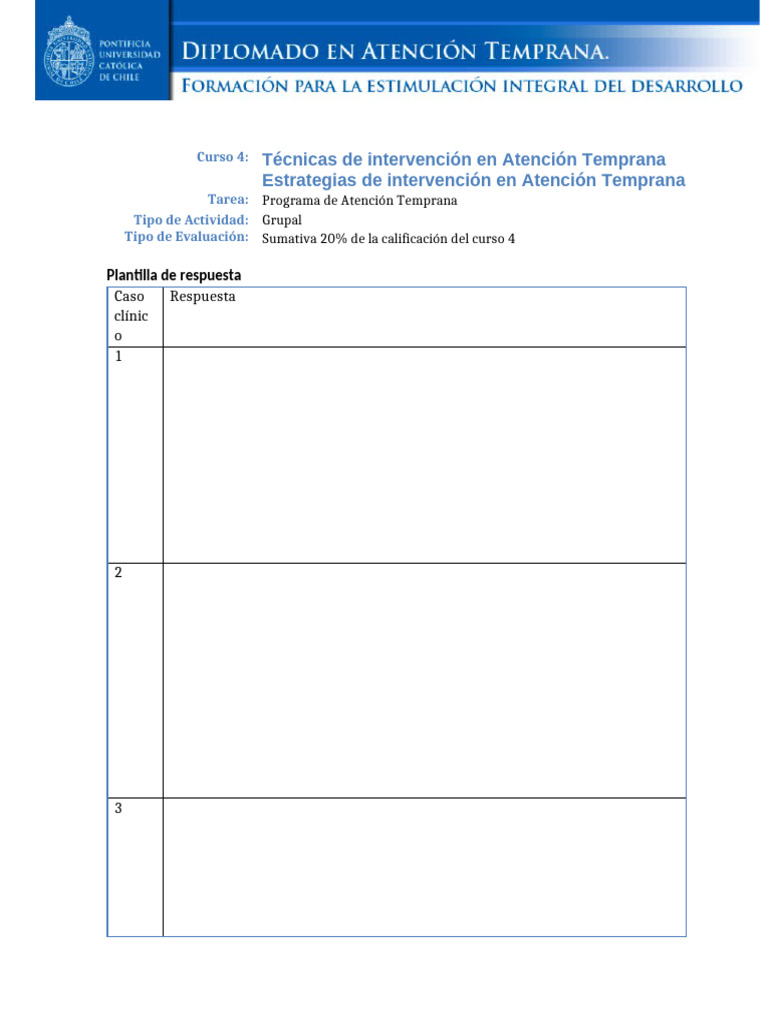 Planilla - Programa de Atención Temprana (Casos Clínicos) - Modulo 6 - Curso 3 - 2024 | PDF