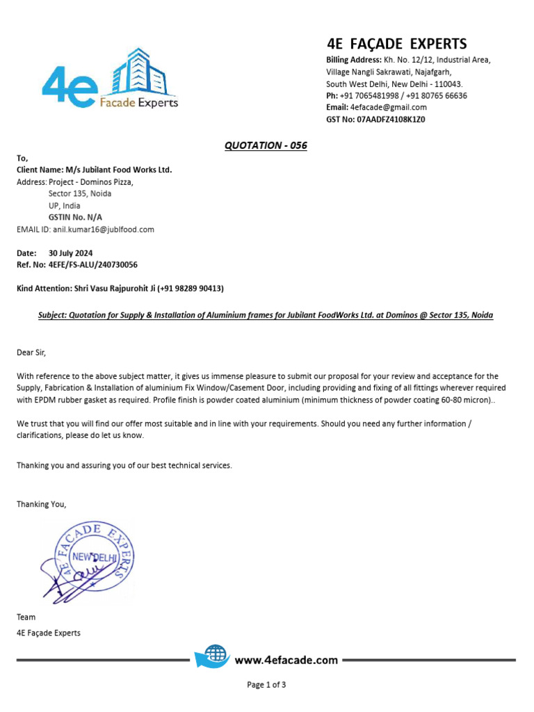 Aluminium Frame Quotation for Domino's Noida | PDF | Window