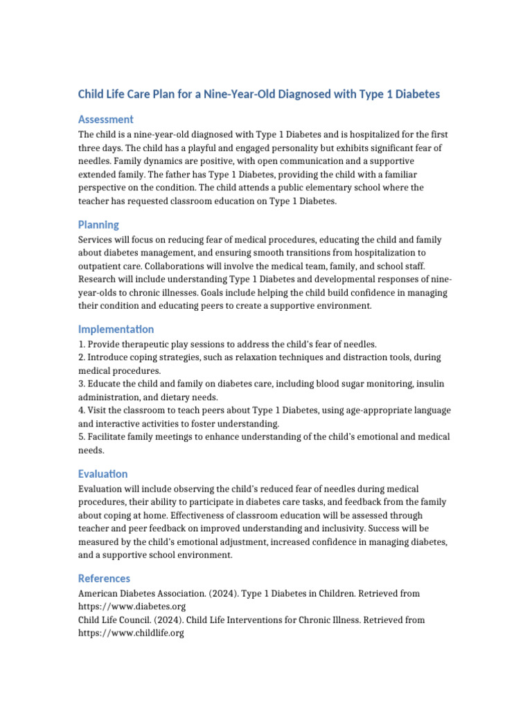Child Life Care Plan Type1 Diabetes | PDF