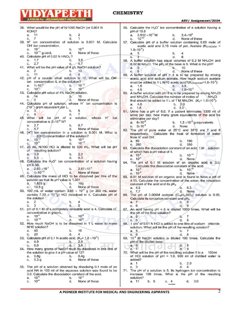 Assignment Ionic Equilibrium (PH) 2024-1 (283062864217780) | PDF