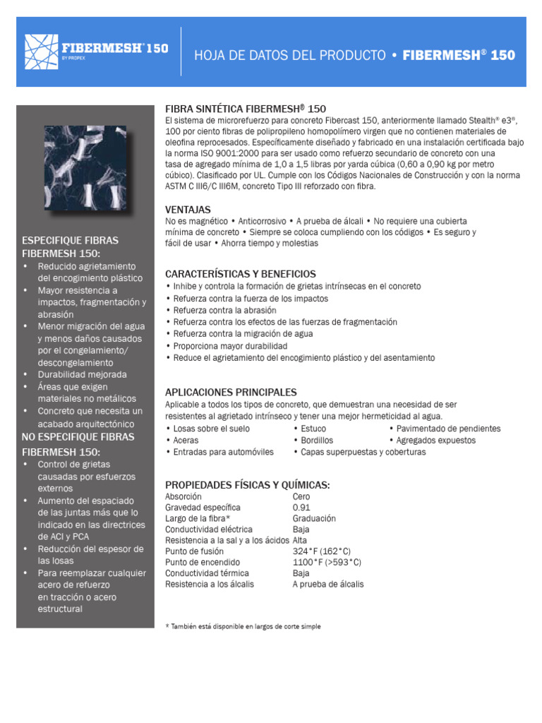 FIBERMESH 150 PD Esp | PDF | Hormigón | Acero