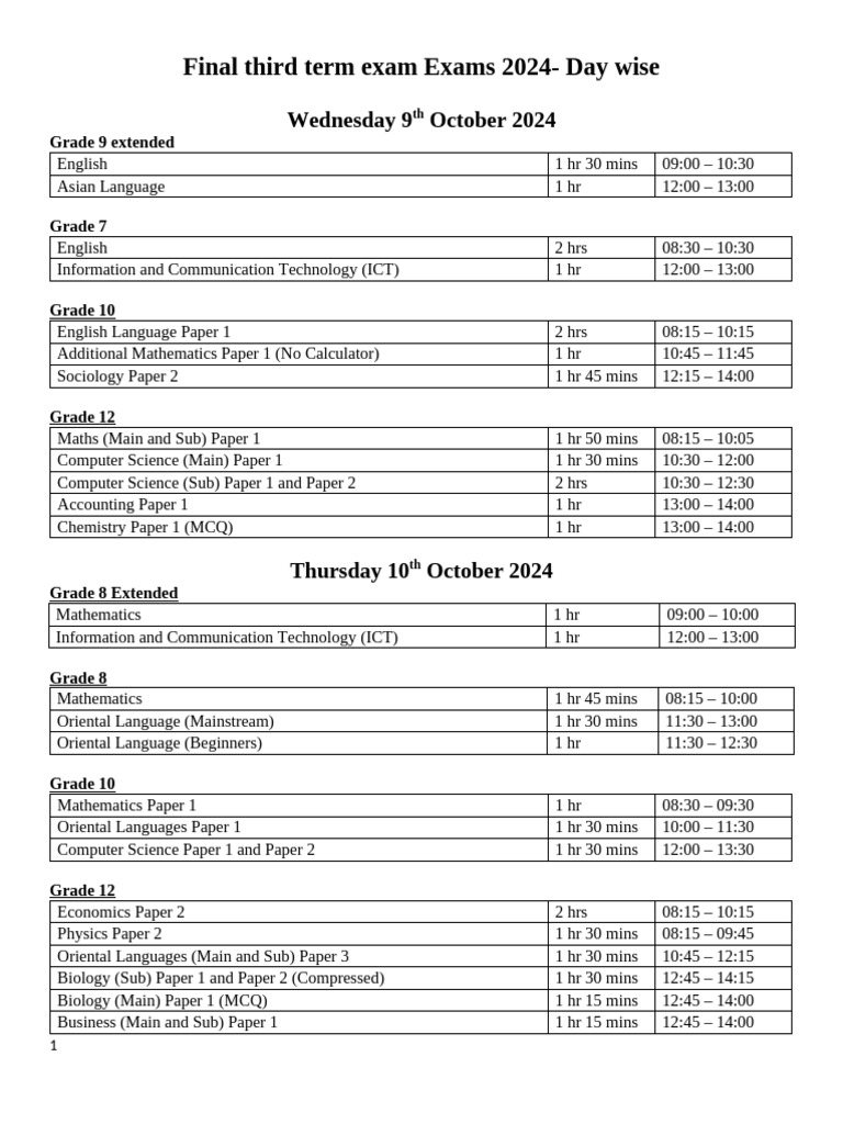 Term 3 Exam Schedule 2024 | PDF | Mathematics | Science