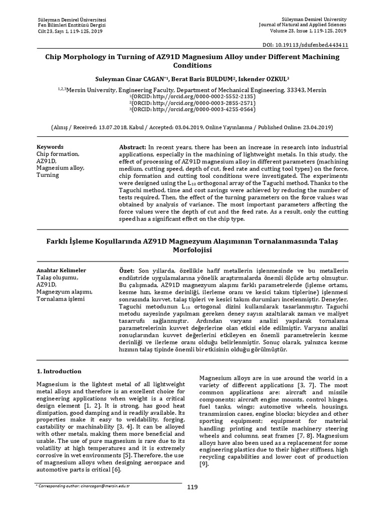 Chip Morphology in Turning of AZ91D Magnesium Alloy Under Different ...