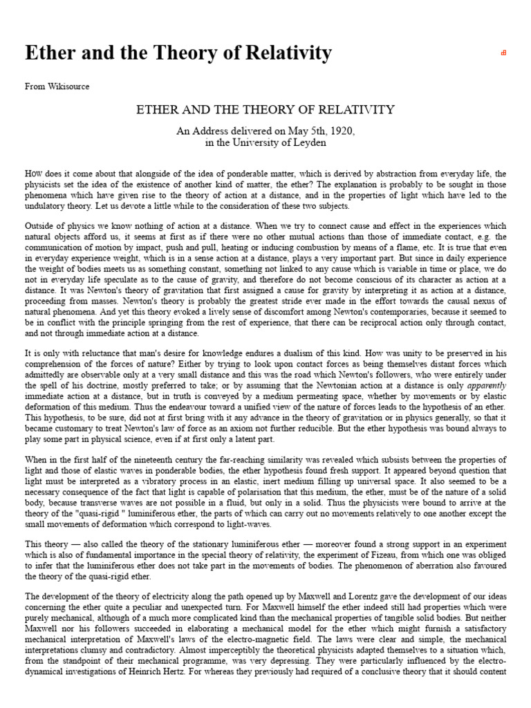 Ether and The Theory of Relativity | PDF | Luminiferous Aether ...
