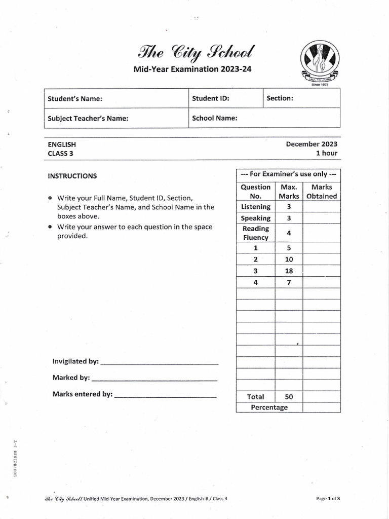 Class 3 English B MYE 2023-24 - 20240403 - 0001 | PDF