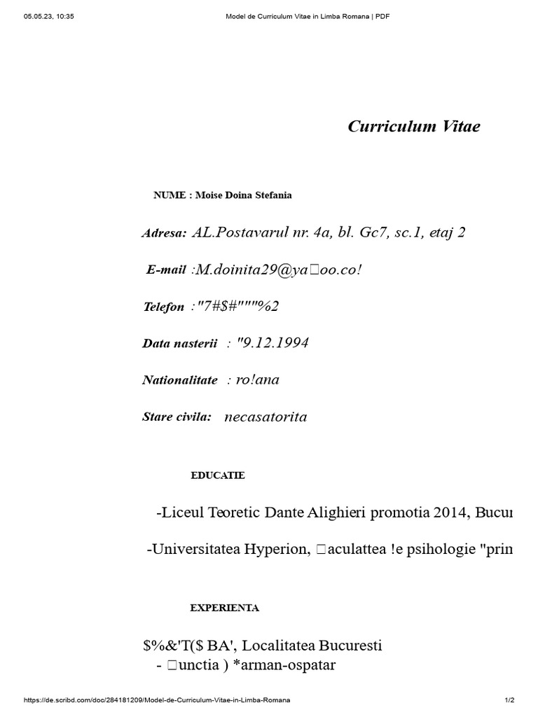 Model de Curriculum Vitae in Limba Romana - PDF | PDF