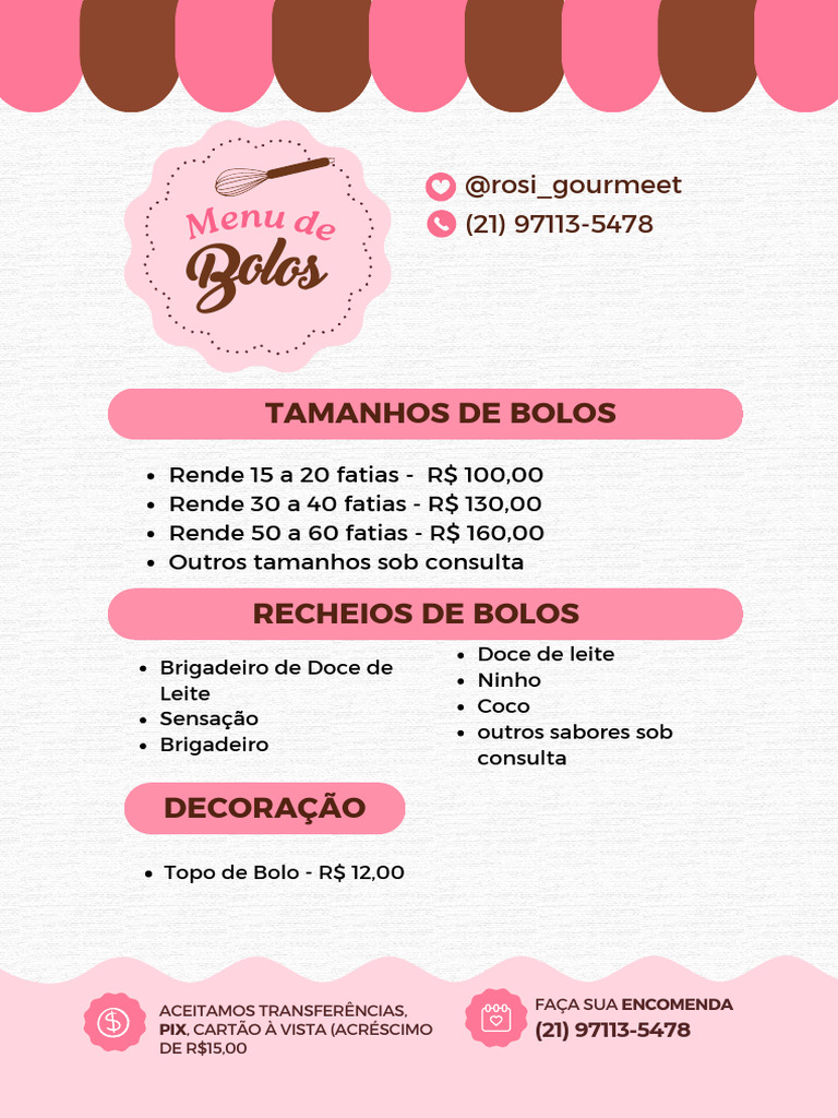 Menu de Bolos Confeitaria Moderno Rosa Marrom A4 | PDF