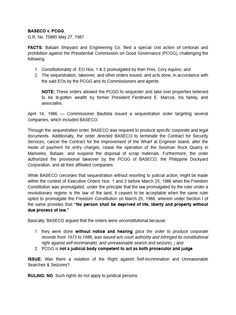 BASECO v. PCGG | PDF | Search And Seizure | Self Incrimination