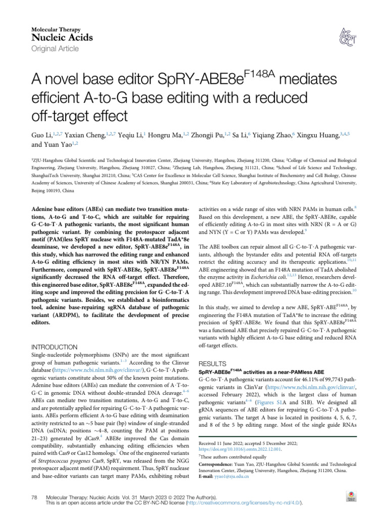 A Novel Base Editor SpRY ABE8e Sup F148A Sup Med | PDF | Base Pair ...