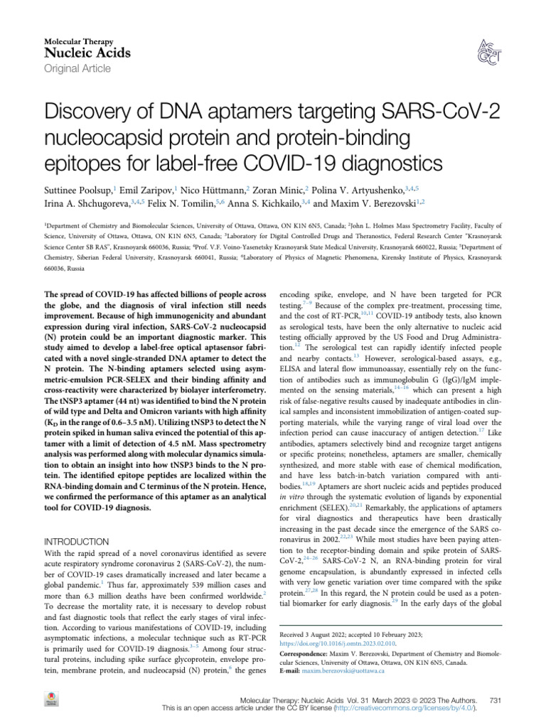 Discovery of DNA Aptamers Targeting SARS CoV 2 Nuc | PDF | Proteins ...