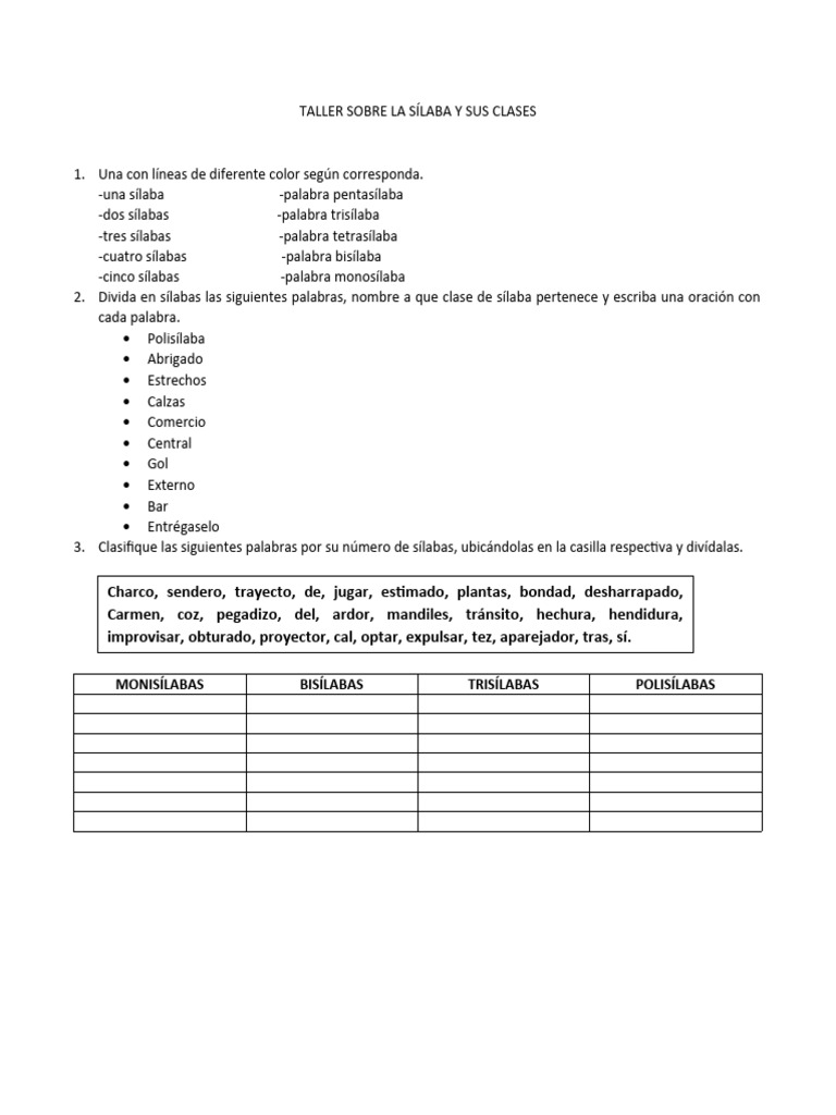 Taller Sobre La Silaba y Sus Clases | PDF