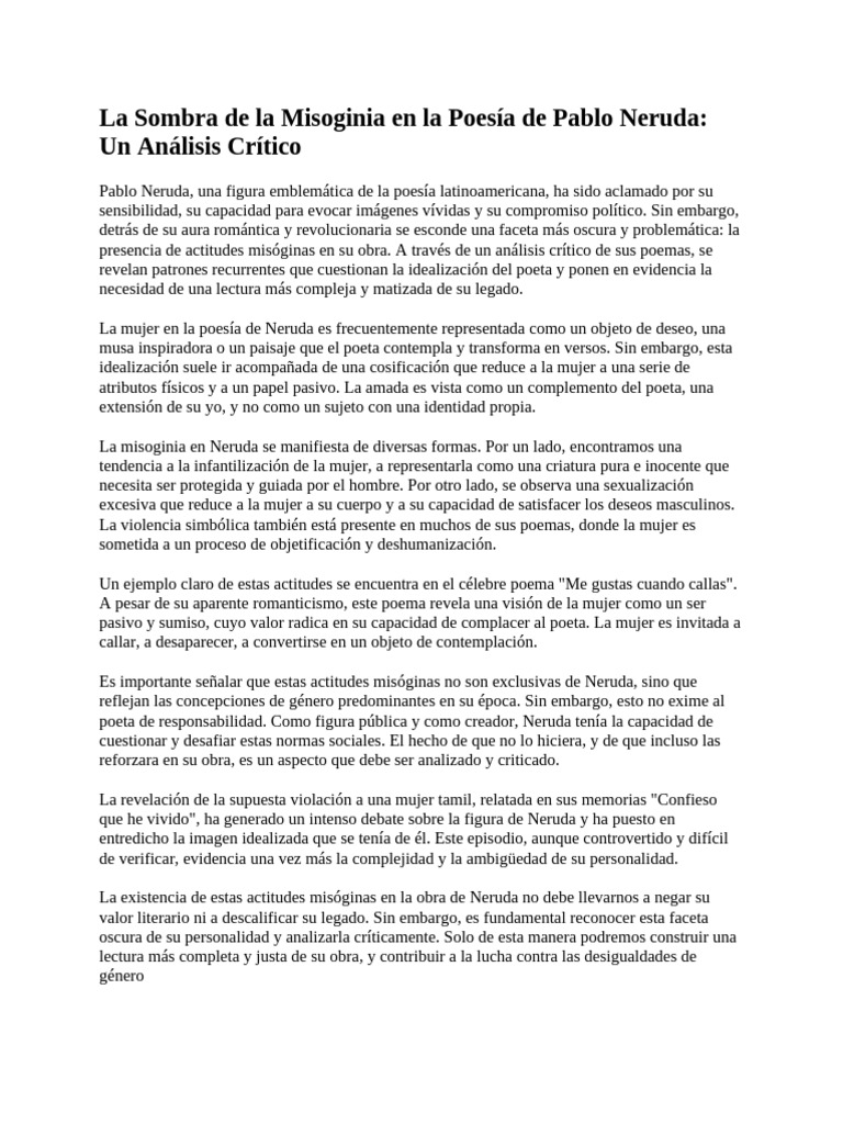 La Sombra de La Misoginia en La Poesía de Pablo Neruda | PDF ...