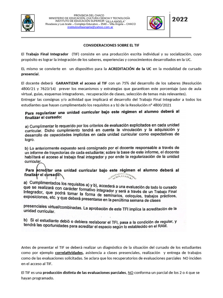 Consideraciones Sobre El TIF 1 | PDF | Evaluación | Aprendizaje