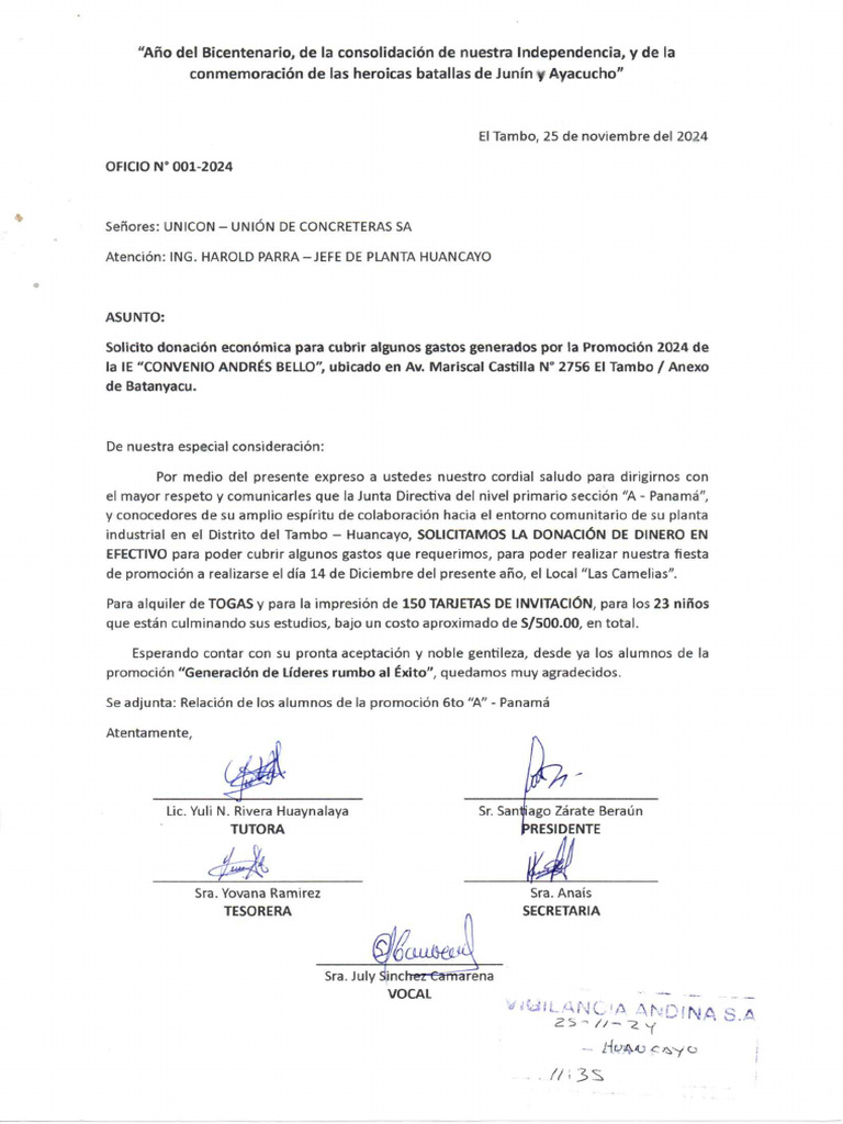 Oficio Colegio Convenio Hyo - Unicon | PDF